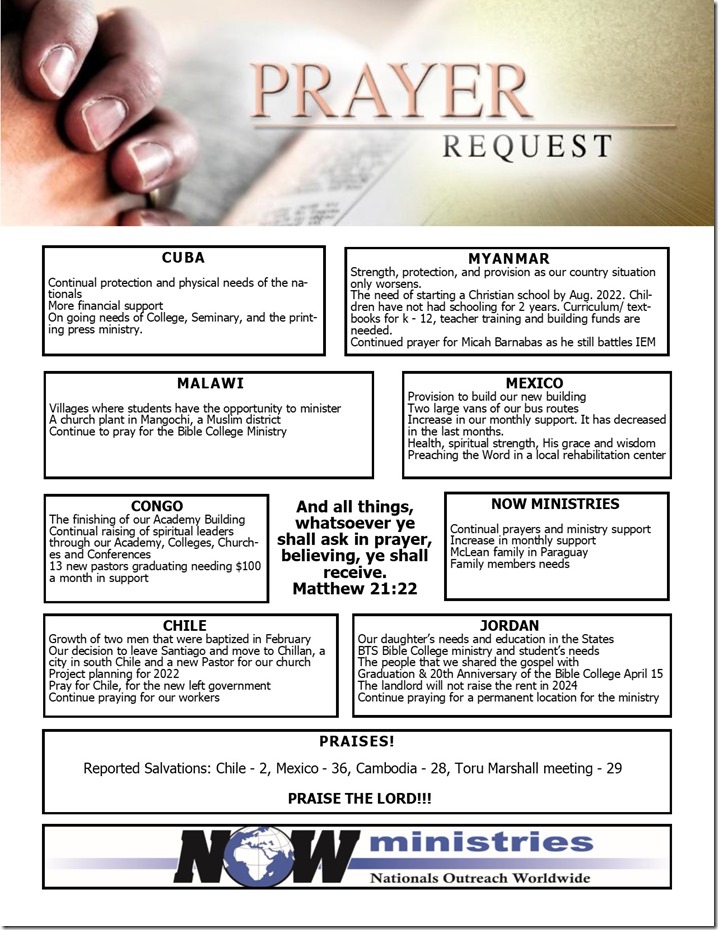 April Prayer List 2022 – NOW Ministries
