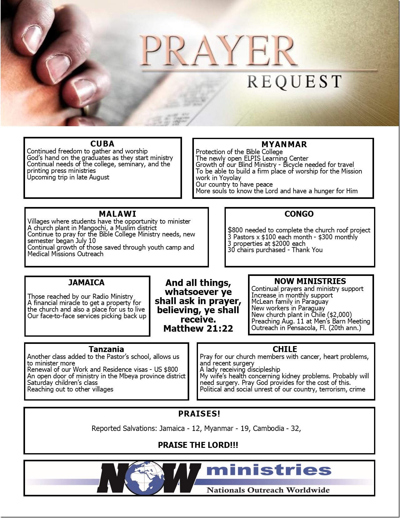 August Prayer List – NOW Ministries